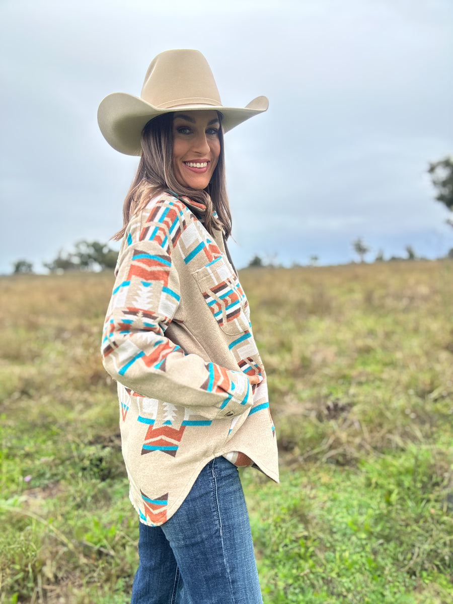 Arina Tan/ Teal Aztec Shacket – Wild Rose Country
