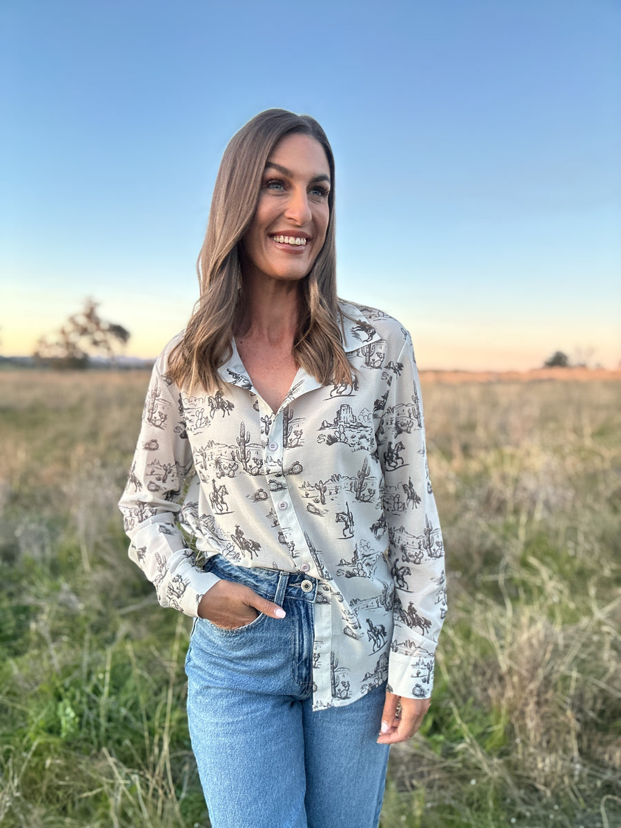 Kinsley Vintage Cowboy Print Blouse – Wild Rose Country