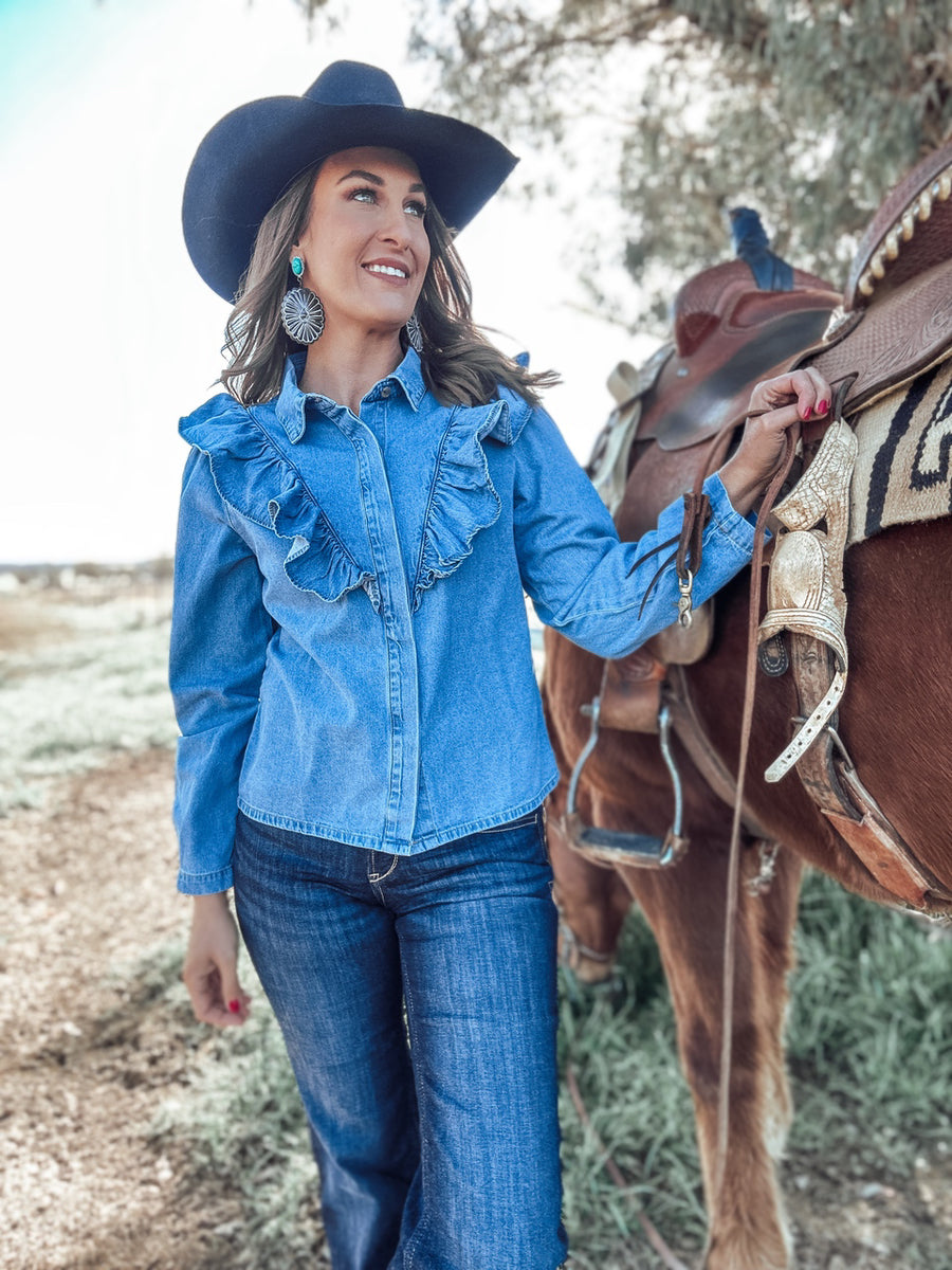Jaiden Denim Ruffle Top – Wild Rose Country